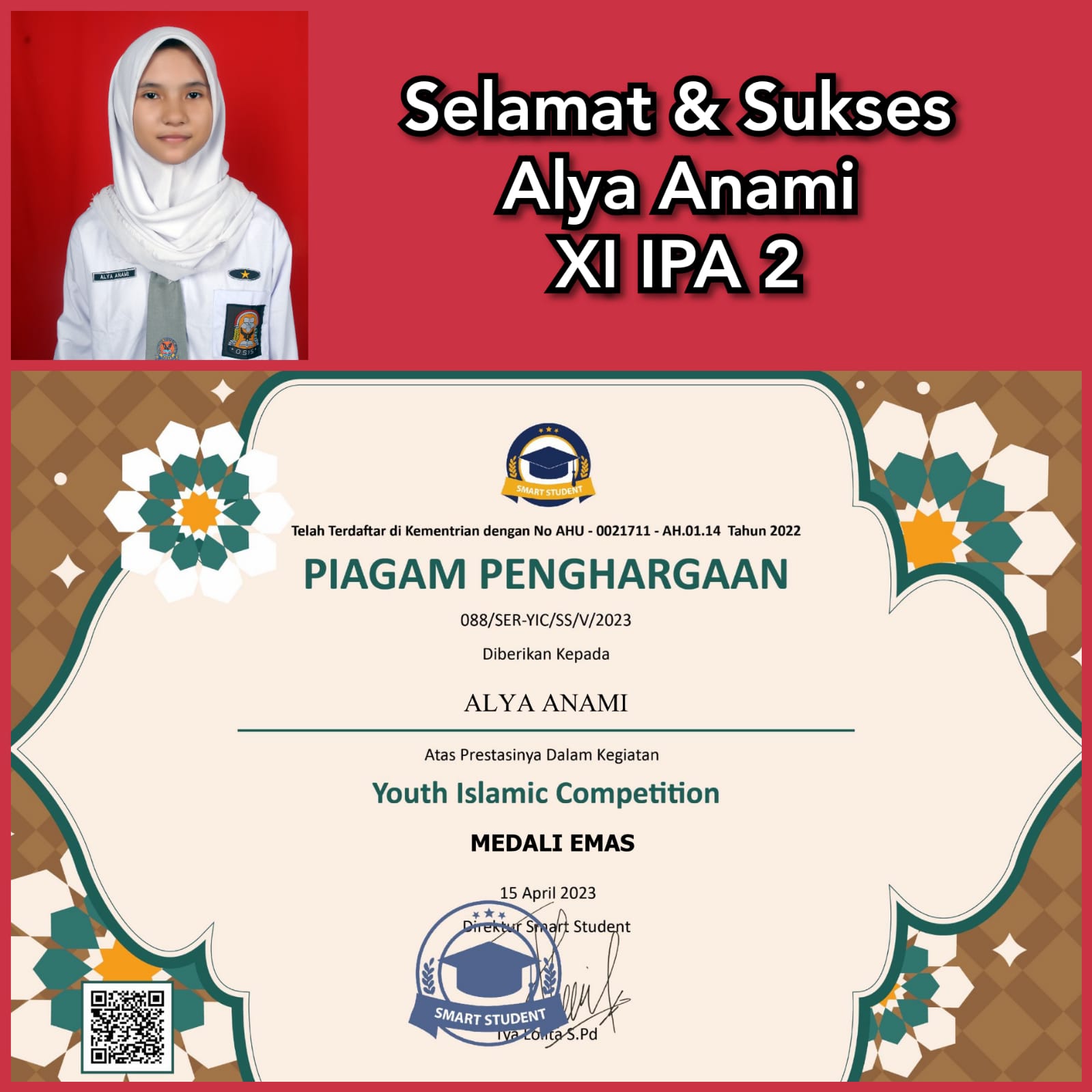 SELAMAT DAN SUKSES ALYA ANAMI XI IPA2 YOUTH ISLAMIC COMPETITION - Sekolah Harapan Mandiri